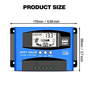 60A MPPT Solar Charge Controller 12v/24v Current Auto Focus MPPT Tracking Charge with LCD Display Dual USB Solar Regulator Charge Controller Multiple Load Control Modes