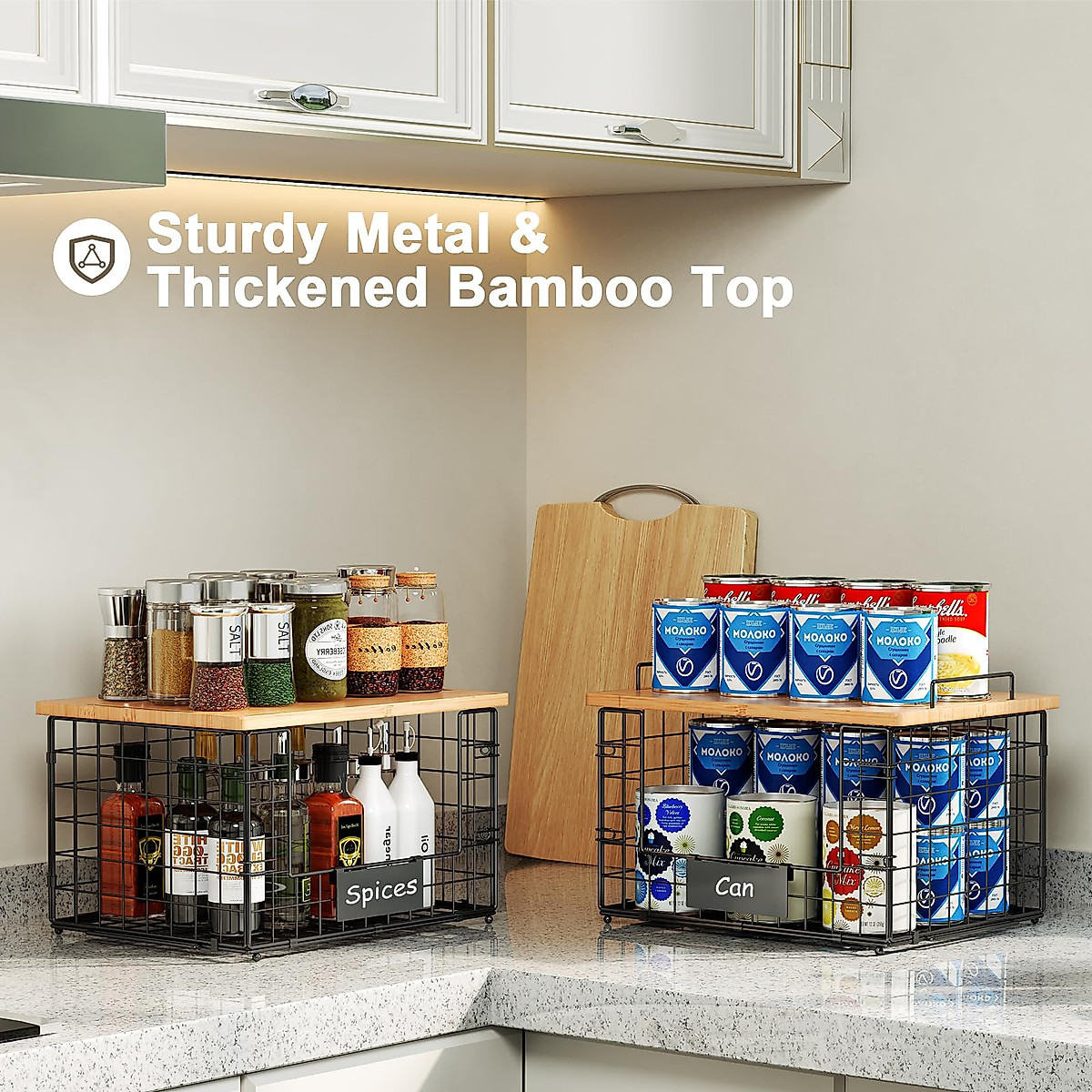 2 Pack XXL Stackable Wire Baskets with Bamboo Top for Pantry Organizers and Storage, Kitchen Organization Counter Basket for Fruit, Vegetable, Produce, Bread, Potato and Onion Storage Bins