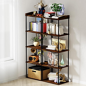 fnmobe 5-Tier Narrow Book Shelf, Tall Industrial Wood Bookcase, Vintage Storage Rack and Standing Bookshelves Display Rack for Home Office, Living Room, Bedroom, Kitchen, Rustic Brown