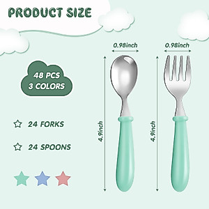 Dandat 48 Pcs Toddler Utensils Bulk Kids Silverware Stainless Steel Forks and Spoons Safe Toddler Flatware Sets Metal Kids Cutlery with Round Thick Grip Handles for Self Feeding, Dishwasher Safe