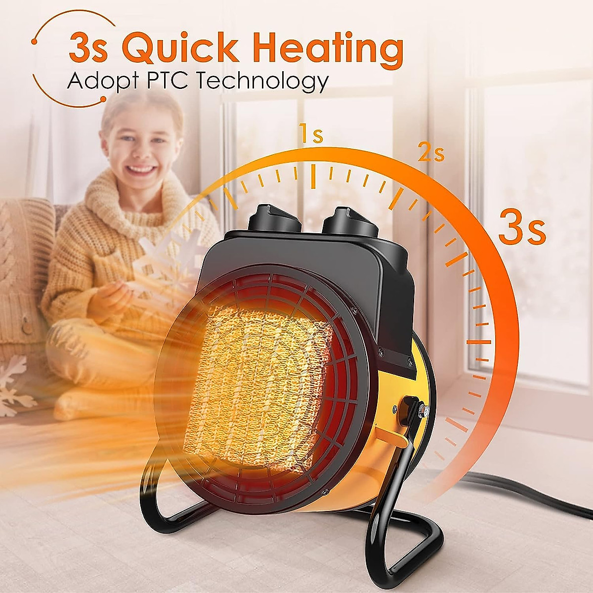 Outdoor Space Heater, 1500W Portable Heater with 80Inch Long Lord, 3S Quick Heat, 3 Modes, Thermostat with Overheat Protection, Patio Heater for Garage, Tent, Greenhouse and Indoor Use