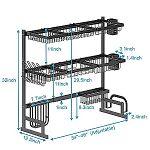 PUSDON Over Sink Dish Drying Rack (34"-45") 3 Tier, 2 Cutlery Holders Adjustable Dish Drainer for Kitchen Storage Countertop Organization, Stainless Steel Space Save Shelf (Sink Size≤44inch, Black)
