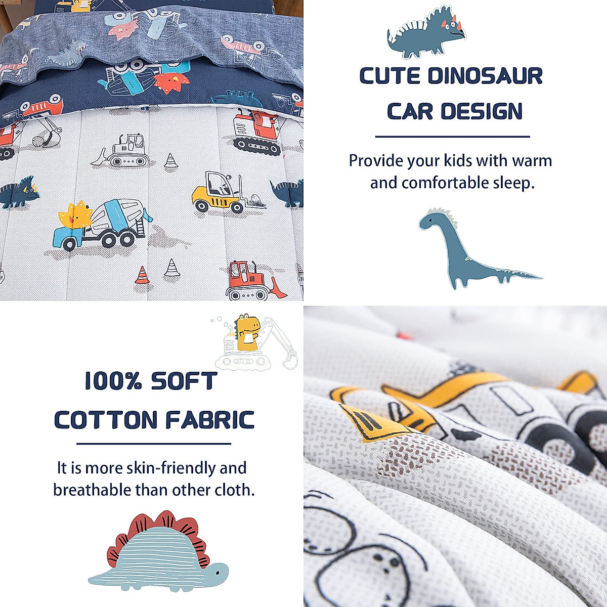 DJY 4 Pieces Cotton Toddler Bedding Set, Dinosaur Cars Reversible Toddler Bed Comforter Set for Kids Boys Girls, Includes Quilted Comforter, Flat Sheet, Fitted Sheet and Pillowcase