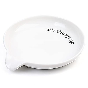 LotFancy Spoon Rest, Ceramic Spoon Holder for Kitchen Counter, Spatula Holder for Stove Top, Large Utensil Rest for Ladle, Teaspoon, 5.2Inch, White（Stir things up)