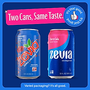 Zevia Zero Sugar Soda, Cherry Cola, 12 oz Cans (24-Pack) – Naturally Sweetened, Zero Calorie Sugar Free Soda - Non-GMO Project Verified, Gluten-Free, Vegan
