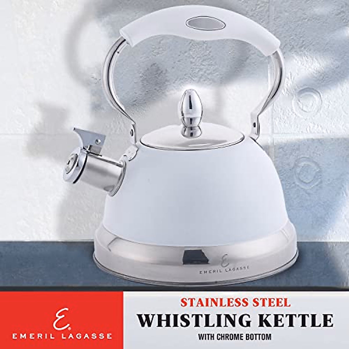 Emeril Lagasse 2.6 Quart/2.5 Liter Whistling Tea Kettle, Stainless Steel Tea Pot for Induction Stove Top, Fast to Boil Water for Home Kitchen Condo, with Ergonomic Cool Folding Grip Handle, White