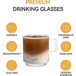 [6 PACK, 12 OZ] DESIGN•MASTER Premium Glass Coffee Mugs with Handle, Classic Vertical Stripes Tea Cup,Transparent Tea Glasses for Hot/Cold Beverages.