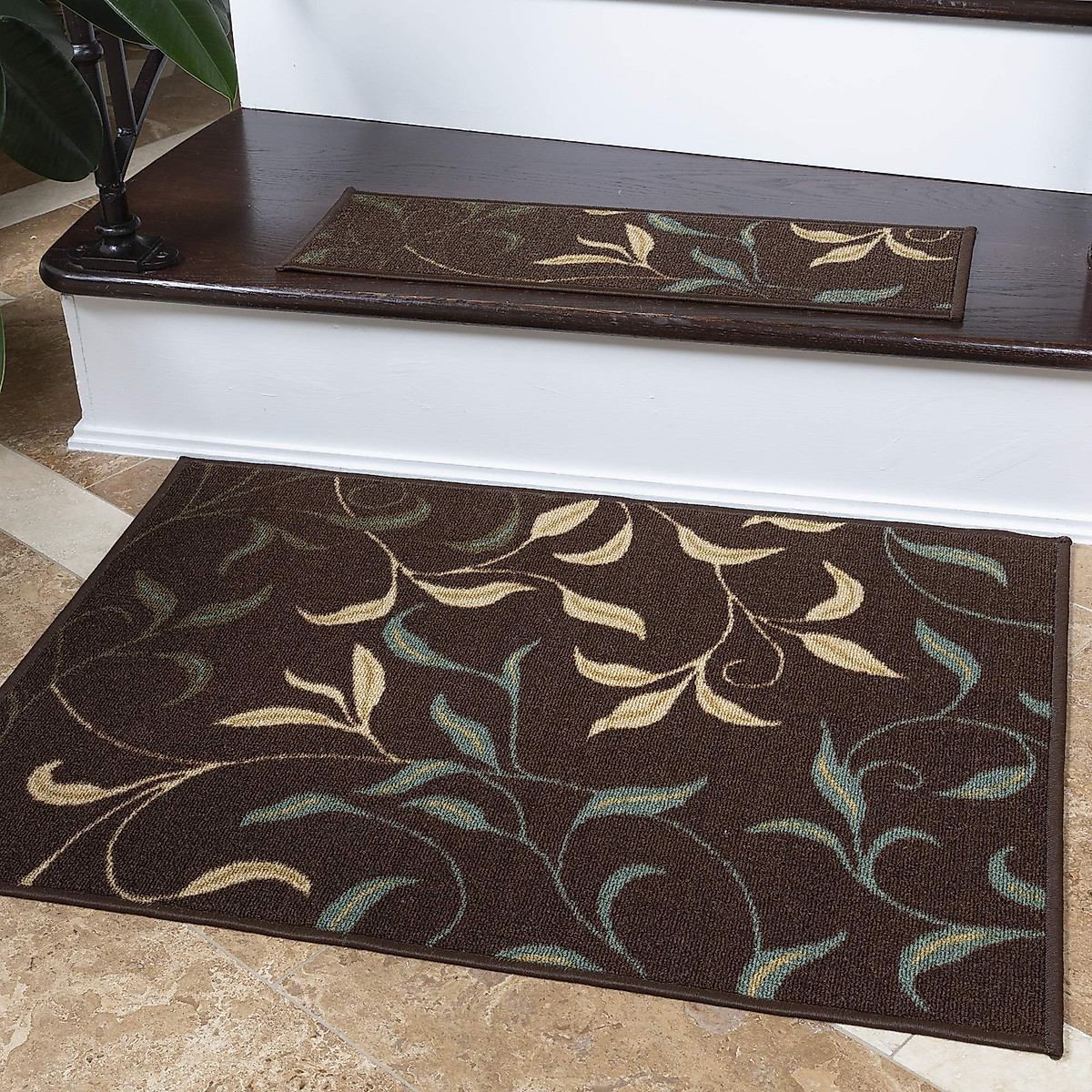 Machine Washable Leaves Design Non-Slip Rubberback 2x3 Pack of 2 Traditional Area Rug for Entryway, Bedroom, Kitchen, Bathroom, 2'3" x 3' - Pack of 2, Brown