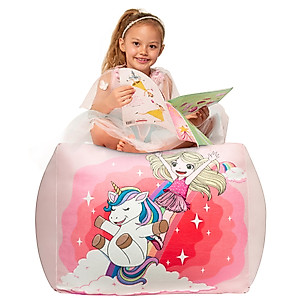 Girls Pink Bean Bag Chairs for Bedroom, Unicorn Stuffed Animal Storage Rainbow Chairs for Girl Room Decor, Medium Size, Velvet Extra Soft Cover Only
