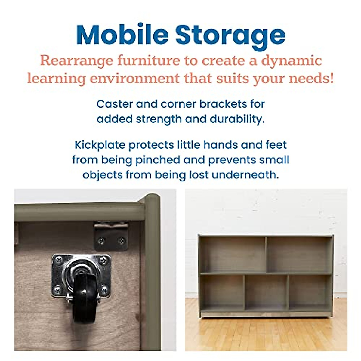 ECR4Kids 5-Compartment Mobile Storage Cabinet, 30in, Classroom Furniture, Grey Wash