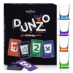 DUNZO® - Party Version of Classic Card Game with 4 Unbreakable Glasses - Draw Two, Skip, Reverse, Get Hydrated - Fun Party Game & Funny Gifts - Adult Games for Game Night - Adult Party Games