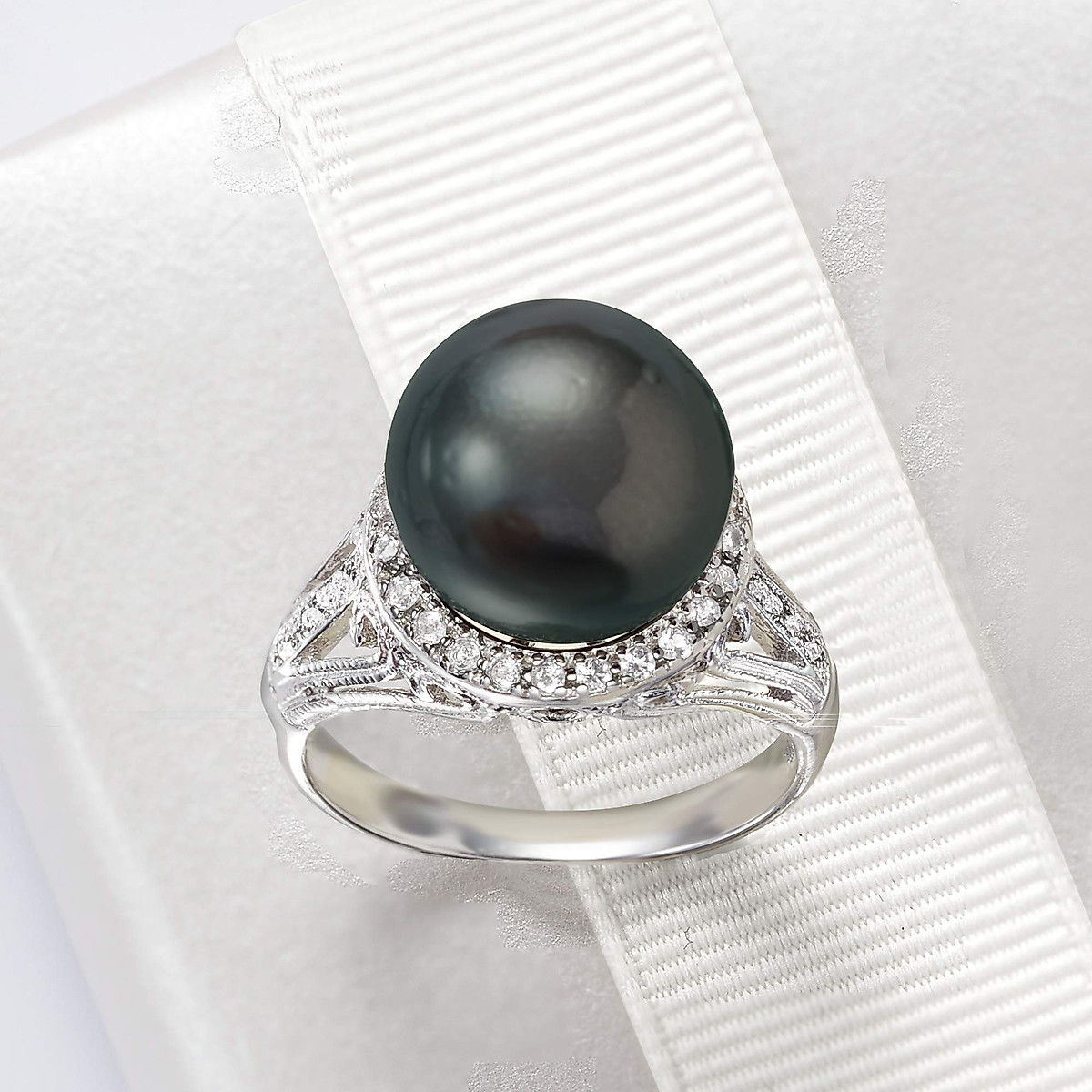 Ross-Simons 11-12mm Black Cultured Tahitian Pearl Ring With .20 ct. t.w. White Topaz in Sterling Silver. Size 6