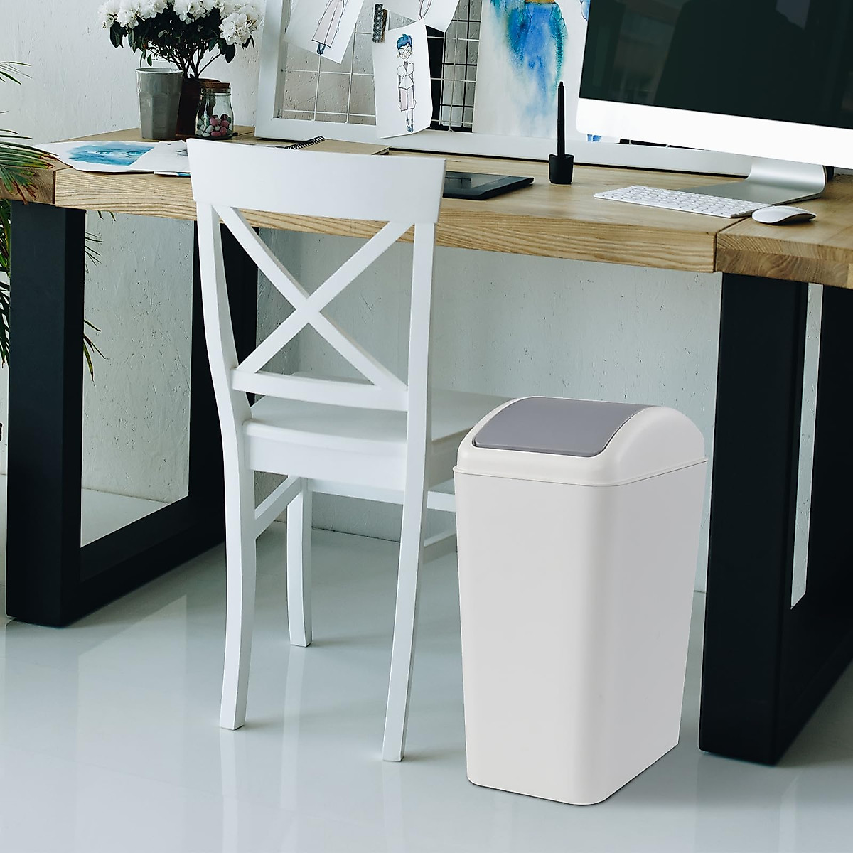 Nicesh 2.6 Gallon Swing Top Trash Can, 10 L Plastic Garbage Can with Swing Lid (Grey)