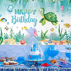 Preboun Ocean Animal Backdrop Ocean Turtle Decorations Ocean Theme Birthday Party Photography Background Banner for Underwater Blue Baby Shower Birthday Party Decorations Supplies, 3.6 x 6 Feet