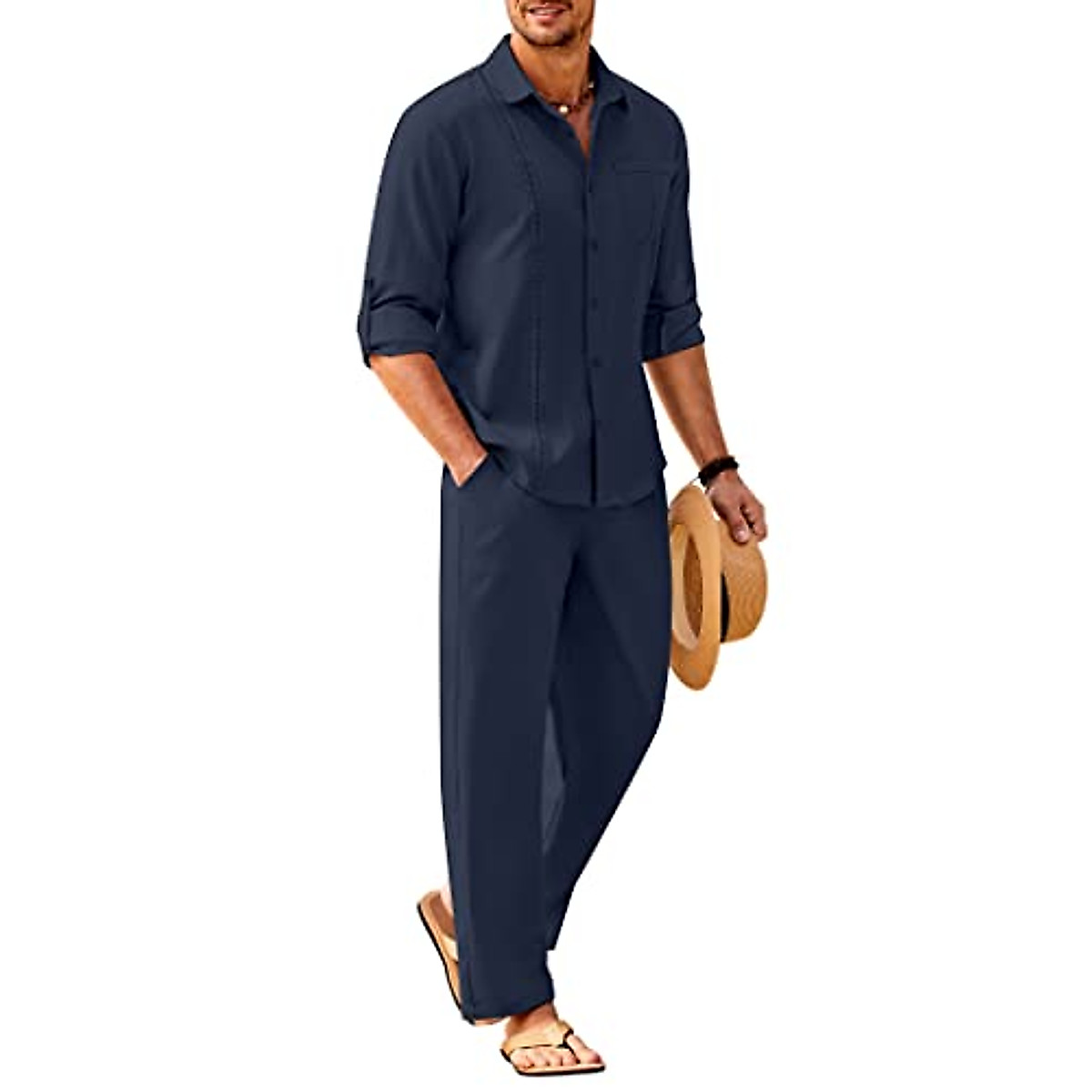 COOFANDY Men's 2 Pieces Linen Set Button Down Shirts and Loose Pants Wide Leg Baggy Beach Yoga Trousers Outfits