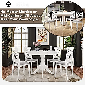 Harper & Bright Designs 5-Piece Mid-Century Dining Table Set, Solid Wood Extendable Round Dining Table with 4 Upholstered Chairs, Dining Room Kitchen Table Chairs Set, White