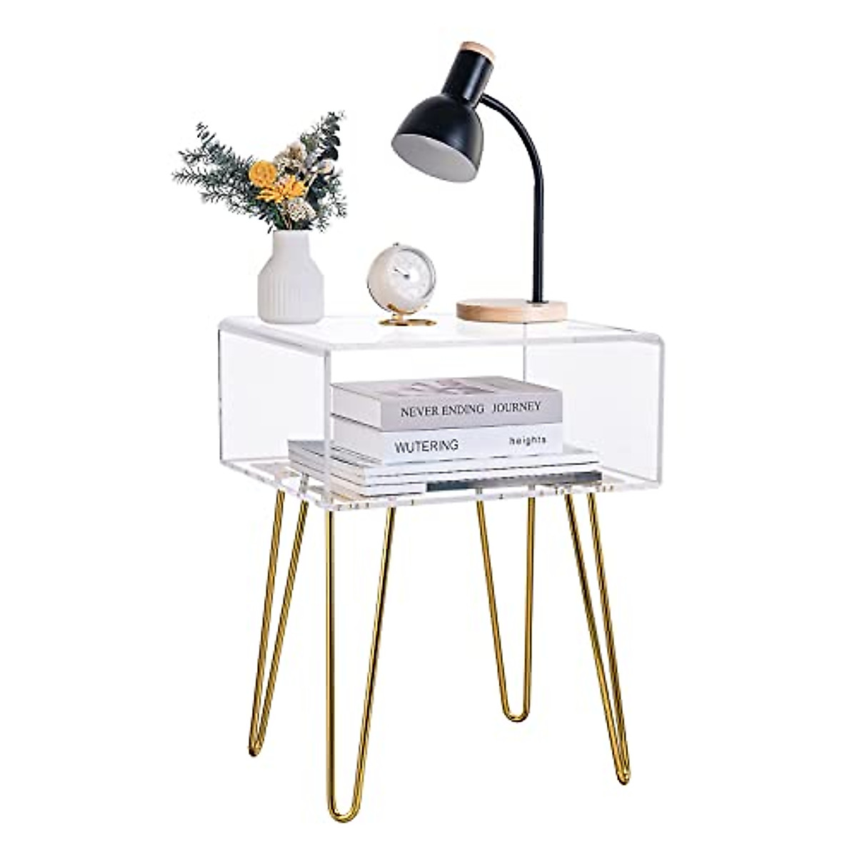 HMYHUM Acrylic Nightstand with Metal Legs, Bedside Table for Bedroom, Easy Assembly, Modern, 18.1'' L x 15'' W x 23.4'' H, Clear & Gold