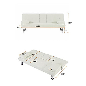 Verfur Modern Convertible Folding Futon Sofa Bed with Removable Armrests, Linen Fabric Upholstered Adjustable Recliner Couch Daybed Loveseat with 2 Cup Holders for Living Room Furniture Sets