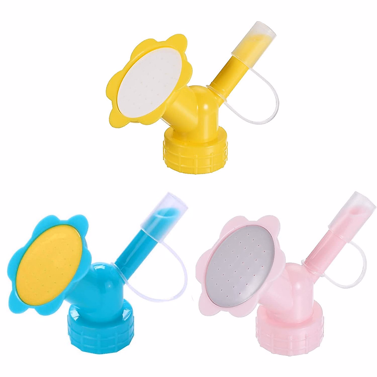 LUFOX 3Pcs Plastic Dual Head Bottle Cap Sprinkler, Bottle Watering Spout Bonsai Watering Can for Indoor Seedlings Plant, Garden Tool（Pink,Yellow,Blue）