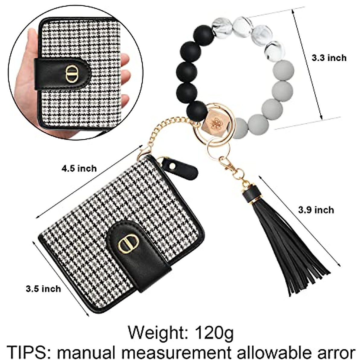 SNUG STAR Multi-Purpose Wallet High Capacity Card Holder Zipper Coin Purse with Wristlet Bracelet Keychain Silicone Beaded Bangle (Silicone Bracelet(16 Cards)-Woven Small Plaid Black)