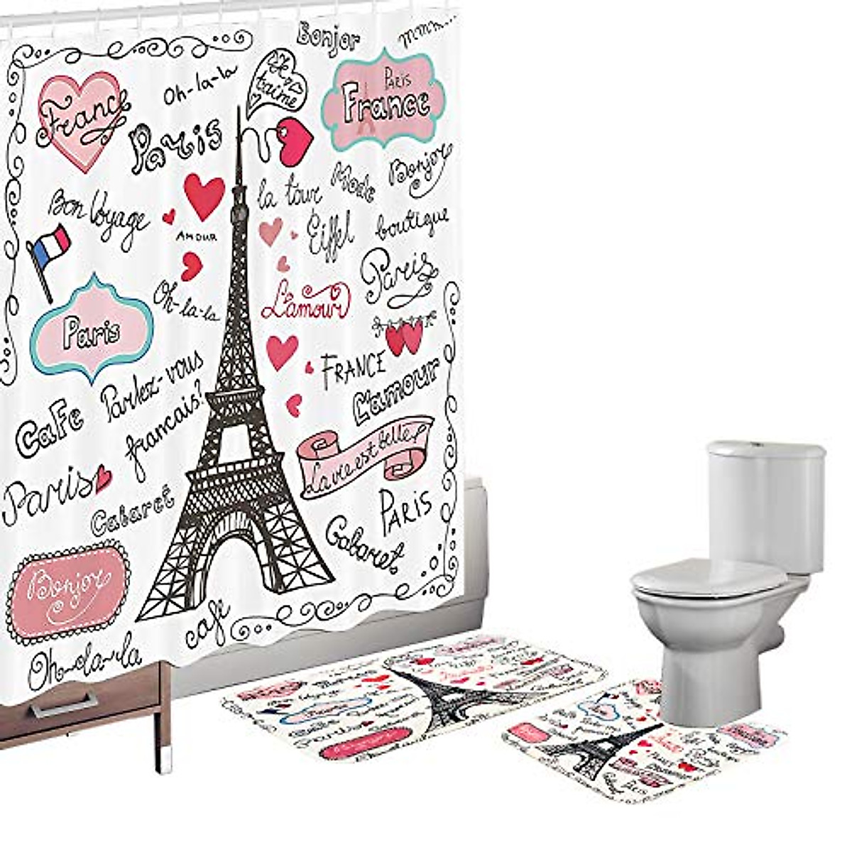 Amagical Paris Tower Decor Collection France Paris Oh La La Eiffel Tower Pattern 3 Piece Bathroom Mat Set Shower Curtain Set Bath Mat Contour Mat and Shower Curtain with 12 Hook