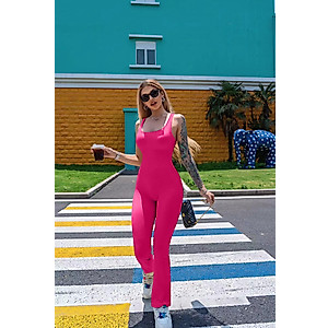 OQQ Women‘s Yoga Jumpsuits Ribbed Workout Sleeveless Tank Tops Bell Bottoms Flare Jumpsuits Rose3