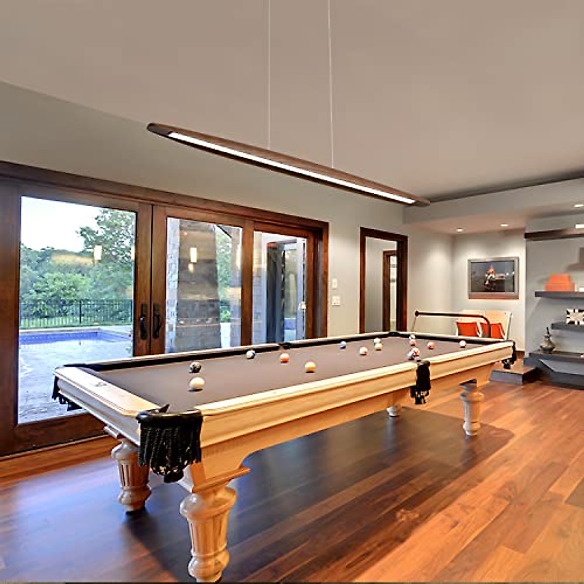 YISDESIGN Wood Linear Pendant Hanging Light Fixture Minimalist Light Linear Chandelier Wood Kitchen Island Lighting 40w Dimmable for Dining Room Dining Table Living Room Pool Table Walnut Color