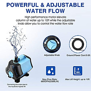 KEDSUM 800GPH Submersible Water Pump(3000L/H,60W), Ultra Quiet Submersible Pump, Fountain Pump-10ft High Lift, 6.6ft Power Cord, 3 Nozzles for Fish Tank, Pond, Aquarium, Statuary, Hydroponics
