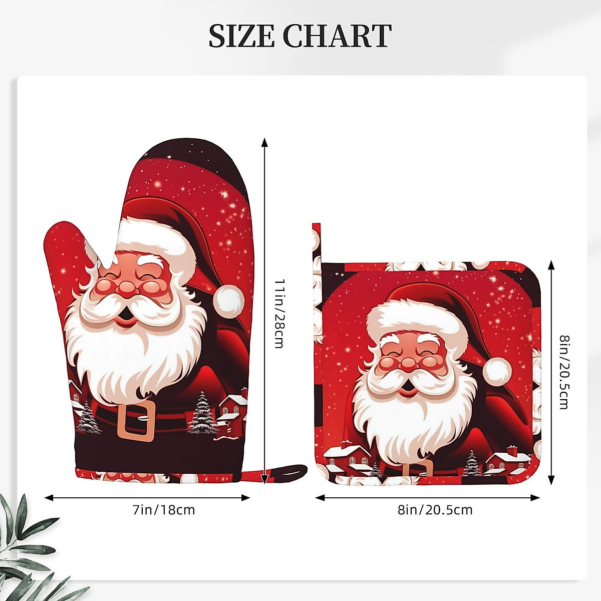 Santa Claus Christmas Printed Oven Mitts and Pot Holders Sets Heat Resistant Kitchen Oven Gloves Potholders Set Extra Long Non-Slip Silicone Gloves for Cooking Baking BBQ