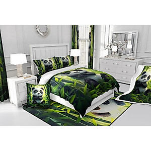 Cute Panda Duvet Cover Queen Size,Green Leaves Comforter Cover with 2 Pillowcase for Teens Adults,Kids Cartoon Panda Bedding Set,Black White Animal Breathable 3 Pcs Decorative Bed Cover(No Comforter)