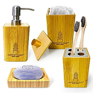 AESTHETICALLY RUSTIC HOME | 5 PC Bathroom Accessories Set Natural Bamboo | Includes Handwash Dispenser Toothbrush Holder Cotton Swab Box Bar Soap Holder & Holding Tray