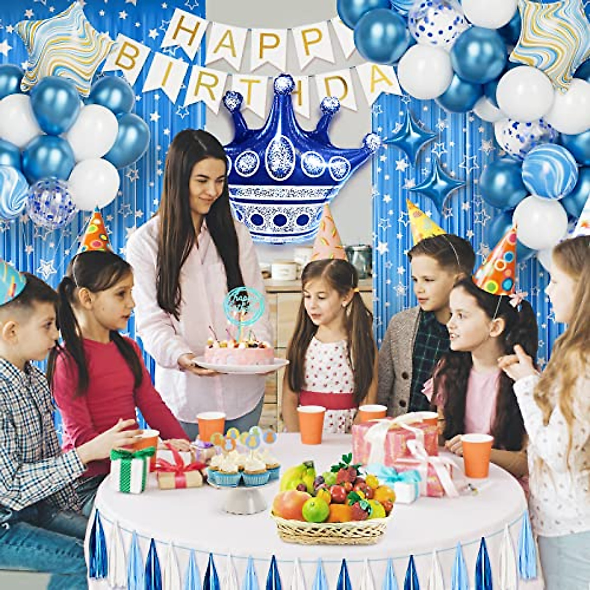 Bule Birthday Party Decorations Set with Birthday Banner, Bule Confetti Balloons, Bule Foil Birthday Background, Tassel Garland, Cake Toppers for Girls Men Kids Baby Birthday Party Supplies Decor