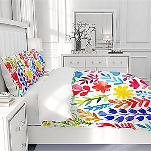 Queen Duvet Cover Set Watercolor Colorful Floral Leaves Soft Bed Duvet Cover with Zipper Closure,3 Pieces Breathable Bedding Set,1 Comforter Cover and 2 Pillow Shams