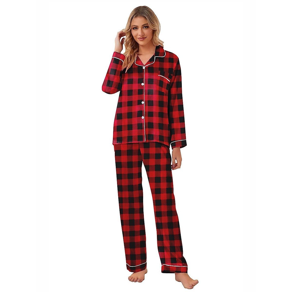 Schbbbta Christmas Family Pajamas Matching Sets Silk Satin Long Sleeve Pj Set Sleepwear, Red Black, 11-12 Years = Tag 160