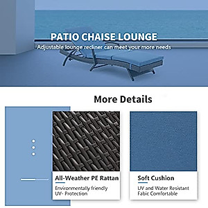 GYUTEI Patio Lounge Chair Rattan Chaise Lounge Chair with Adjustable Backrest Thickened Cushion,PE Rattan Steel Frame Outdoor Reclining Chaise for Patio Backyard Porch Garden Poolside(Light Blue)