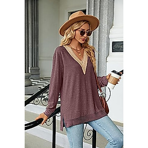 Keificle Women's V-Neck Pullover Color Blocking Long Sleeves Side Split Fall Tunic Tops (Large, 02_Purplish red)