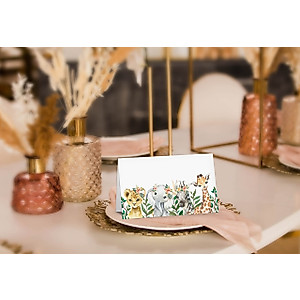 Table Place Card, Jungle Safari Animals Themed Tent Style Cards, Pack of 25 Half-Fold Reception Place Card, Wild Animal Food Labels, Perfect for Baby Shower, Birthday Party C03