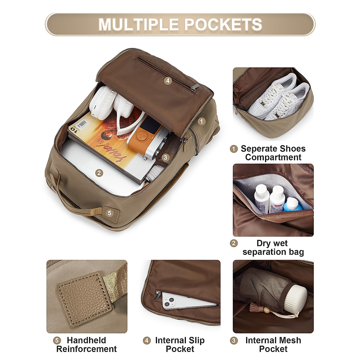 VENATIN Gym Backpack for Women Waterproof Small Gym Bag With Shoe Compartment Sports Essentials Backpack with Wet Dry Pocket,Khaki