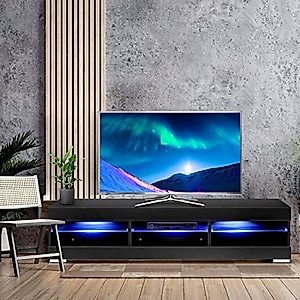 HOMMPA LED TV Stand with LED Lights for 65 inch TV Modern Entertainment Center with Storage 57" Black TV Console with Glass Shelves for Living Room 15" Tall
