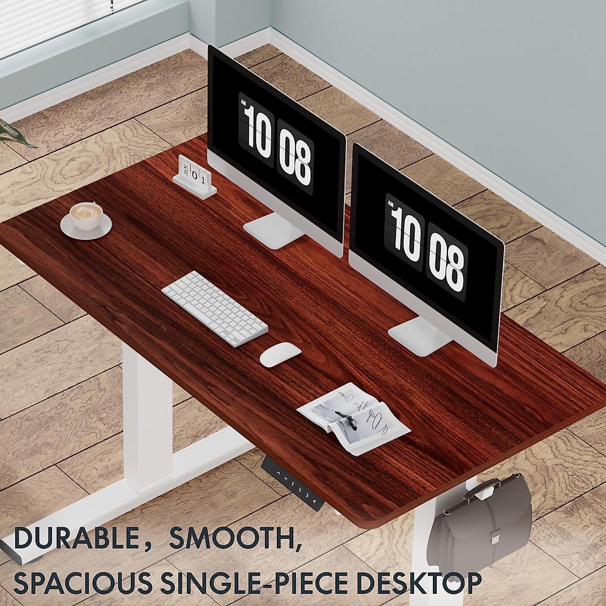 FLEXISPOT EN2 Whole-Piece Standing Desk, 55 x 28 Electric Stand Up Height Adjustable Desk (White Frame + 55" Mahogany Top, 2 Packages)