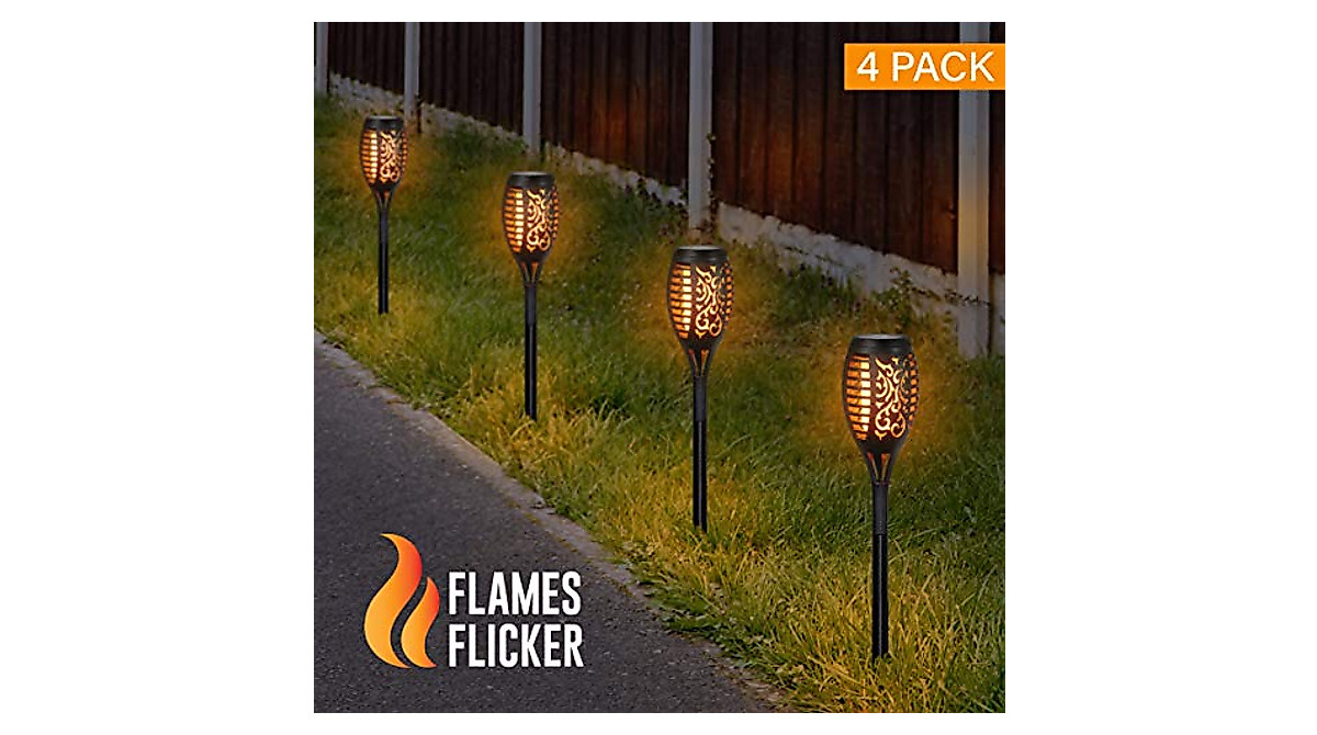 Exhart Solar Garden Lights - Set of 4 Flickering Flame Torches