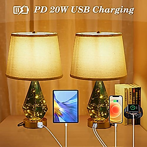 YUNHONG Modern Glass Table Lamp Set of 2,Bedside Lamp with Super Fast Charger 20W PD QC 3.0 USB C+A, 3 Way Dimmable Touch Lamps with Fairy Lights, Nightstand Lamps for Bedroom Living Room