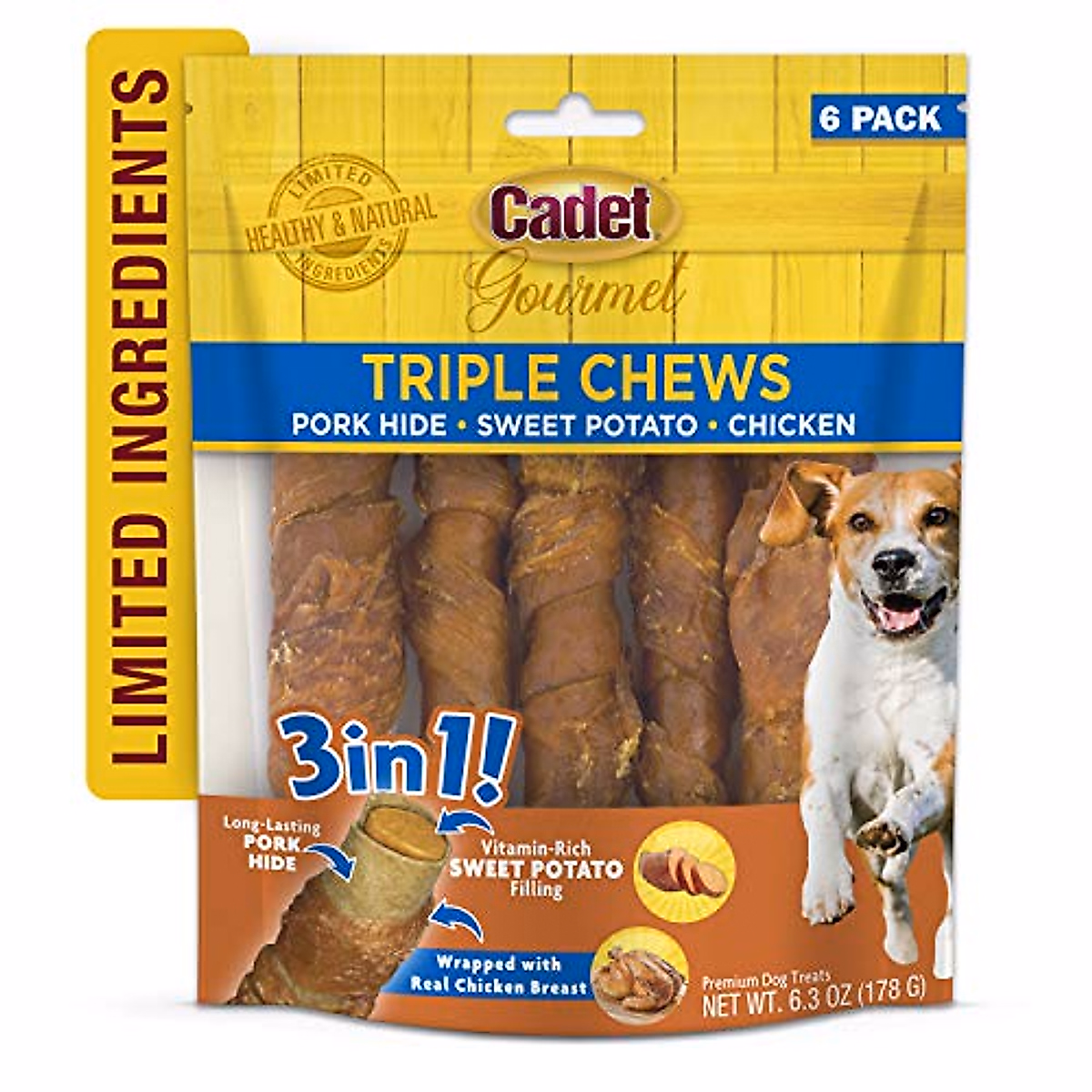 Cadet Gourmet Triple Chews Pork Hide, Sweet Potato, & Chicken Dog Treats - Healthy Dog Treats for Small & Large Dogs - Inspected & Tested in USA (6 Count)