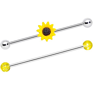 Body Candy 2PC Womens 14G Steel Industrial Barbell Cartilage Yellow UV Ball Sunflower Body Jewelry 38mm