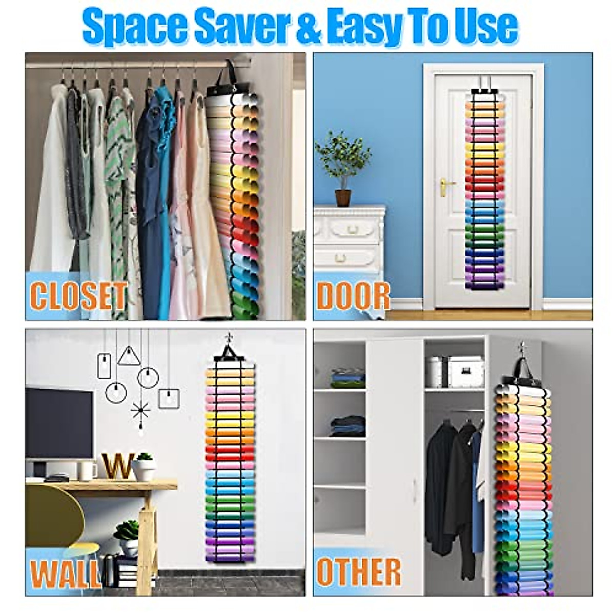 Pamacro Vinyl Roll Holder with 48 Compartments, Premium Vinyl Storage Organizer Rack Wall Mount/Hanging Over The Door, Craft Vinyl Roll Storage with Upgrade Door Hooks and Strap for Craft Room(Black)