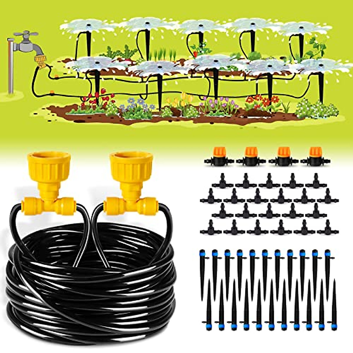 HIRALIY 91.8FT/28m Drip Irrigation Kits for Plant, Patio Watering System for Flower Beds, Automatic Irrigation Equipment Set for Garden Fruit Orchards and Shrubs, 1/4" Drip tubing and Two-ways Adapter
