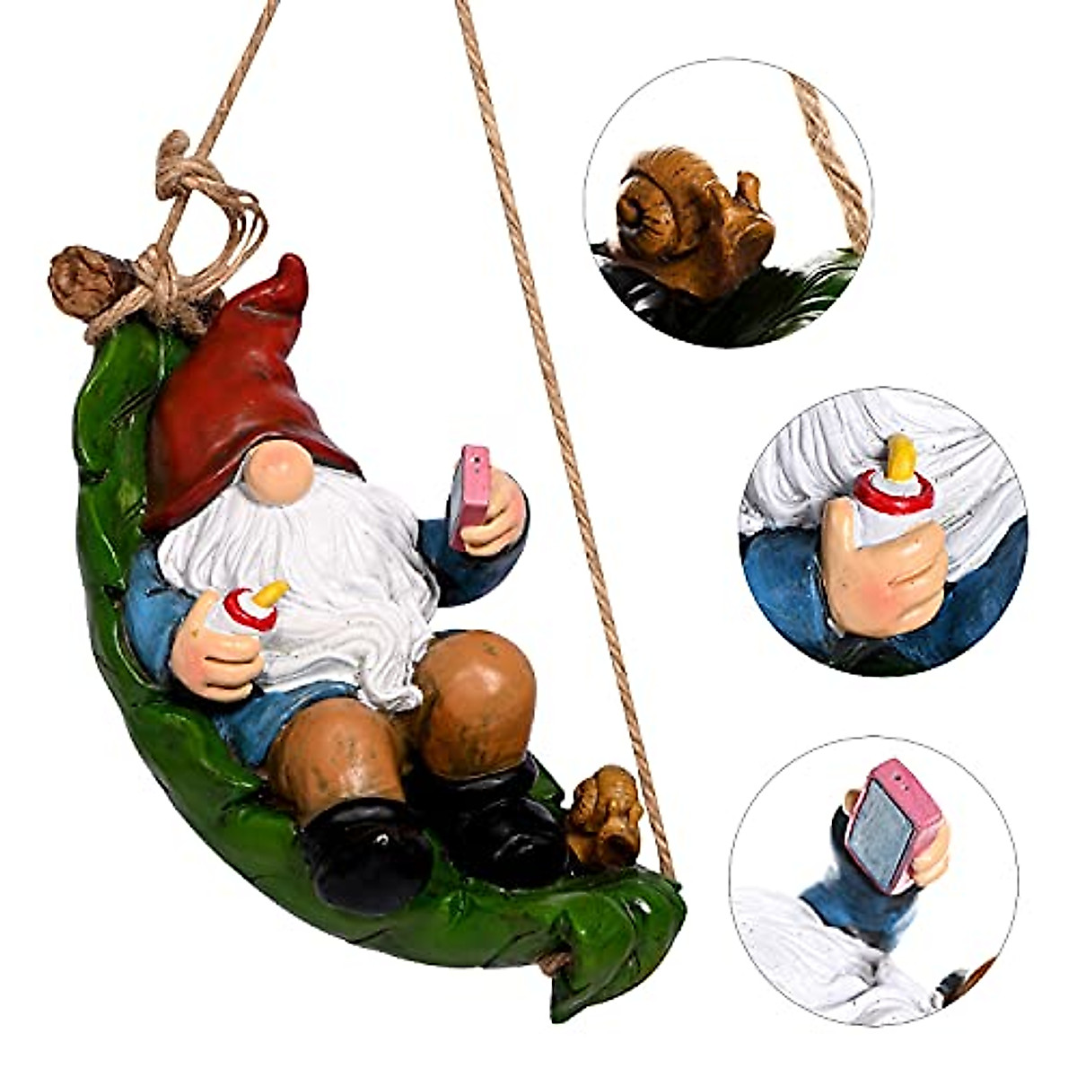 ASAMASA Funny Garden Gnomes Outdoor Hanging Statue, Fairy Garden Swinging Leaf Hammock Gnome Figurine for Lawn Patio Yard Tree Decorations,Adorable Relaxed Gnome