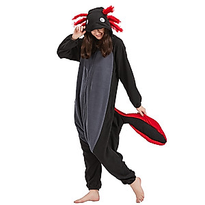 DELEY Unisex Axolotl Onesie Pajamas Cosplay Adult Animal Costume Plush Homewear Sleepwear Jumpsuit Black Axolotl