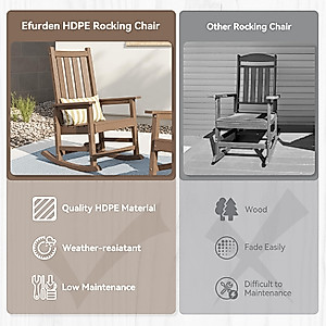 EFURDEN Outdoor Rocking Chair, HDPE Rocking Chair with Widened Seat and High Back, Weather Resistant and Fade Resistant Porch Rockers, Oversized Rocking Chair for Porch, Patio, Deck, Brown