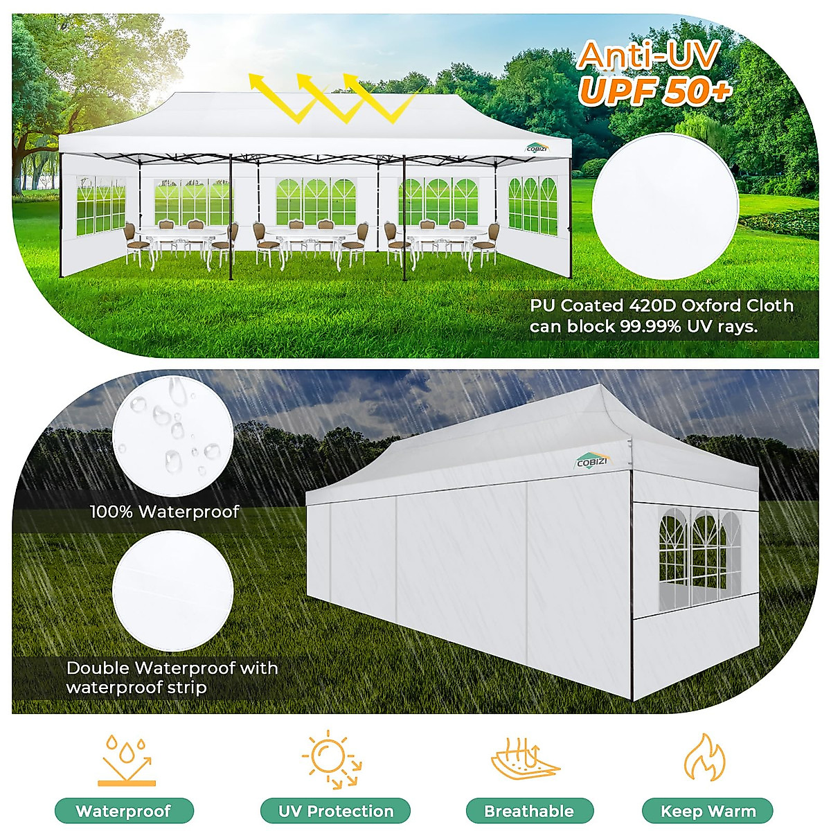 COBIZI Heavy Duty 10x30 Party Tent, Commercial 10x30 pop up canopy for Parties Waterproof Gazebos with 8 Sidewalls, All Season Wind & Waterproof UPF50+,Stable Thickened Frame